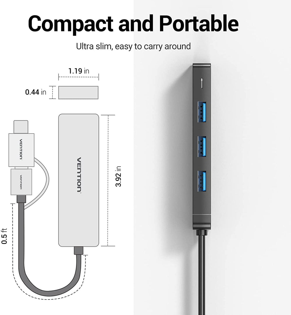 VENTION USB Hub | 4-Port USB 3.0 Hub with USB-C & USB-A