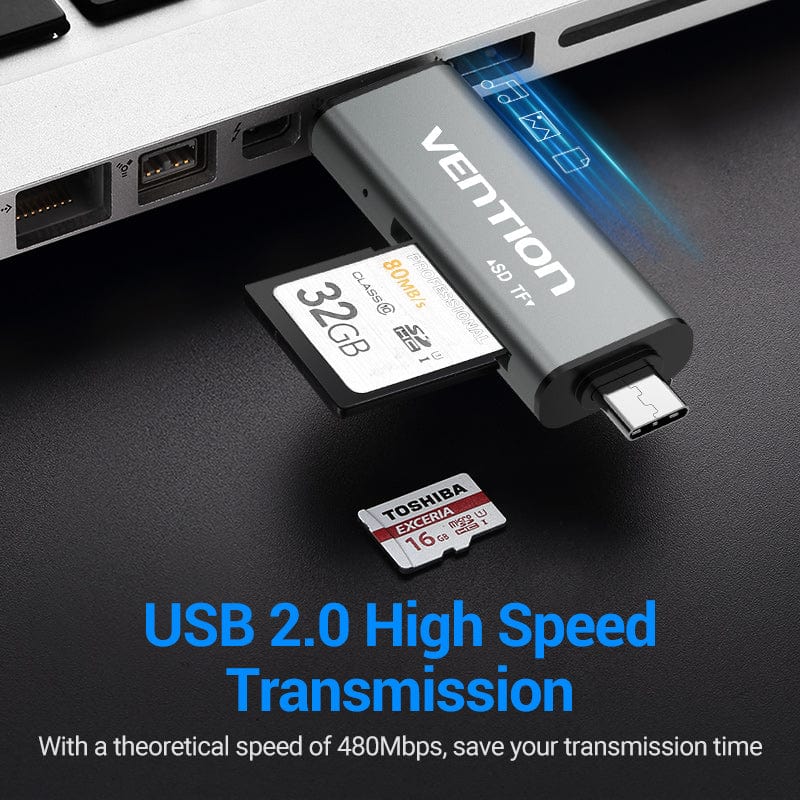Vention USB 2.0 Card Reader - High Speed, Dual Slot